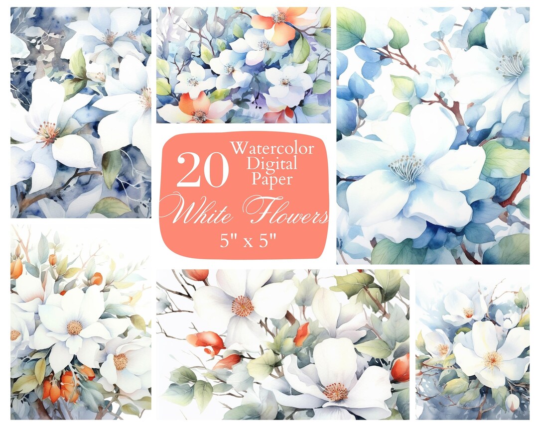 White Floral Digital Paper Floral Clipart. Watercolor - Etsy