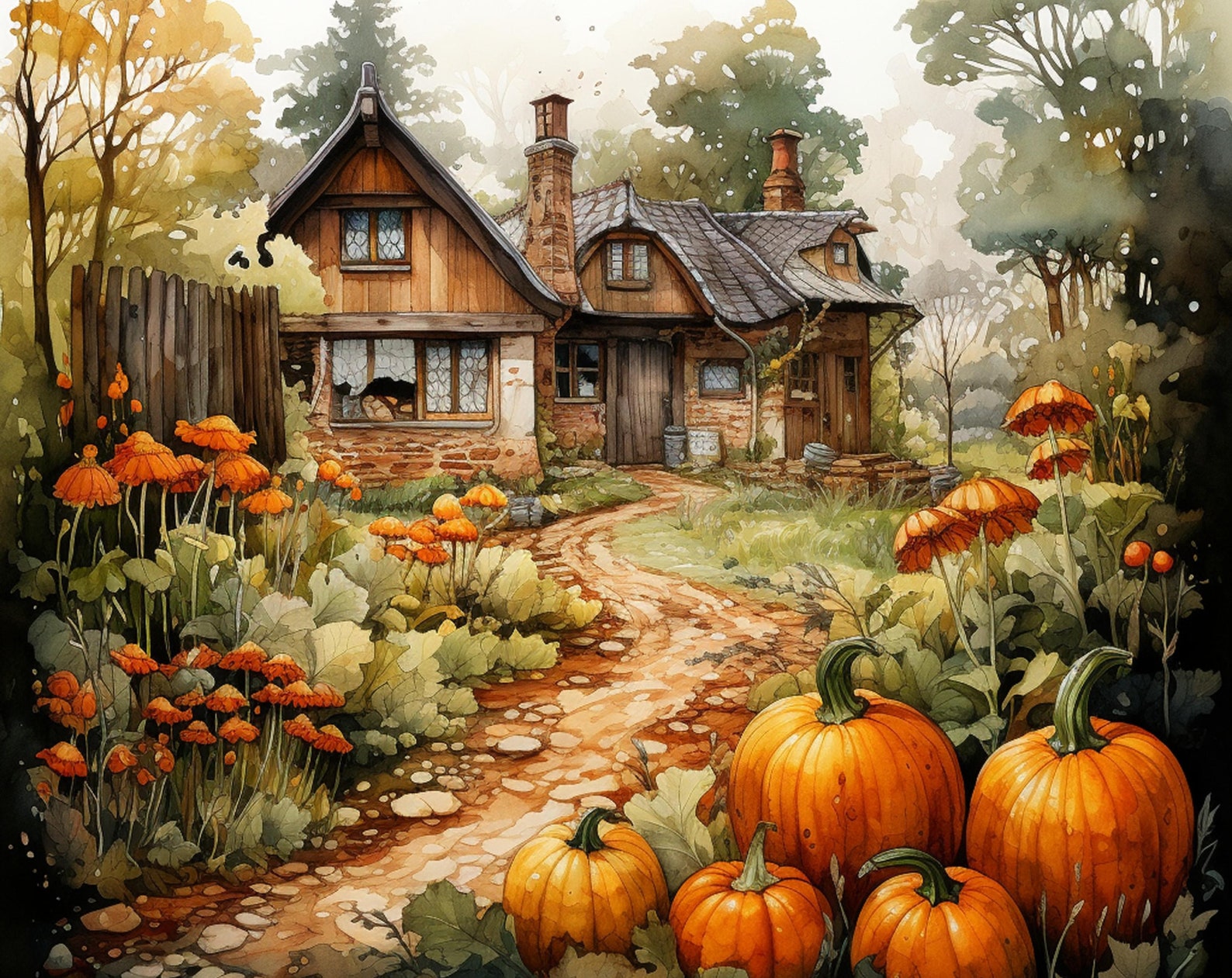 Halloween Digital Paper, Autumn Garden, Fall, Pattern. Watercolor ...