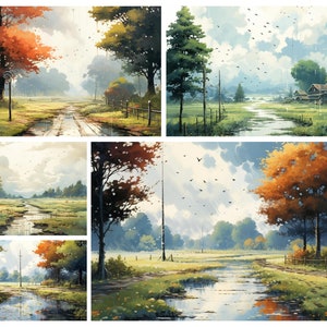 Autumn Digital Paper, Rain Paper, Landscape Clipart. Watercolor Digital ...