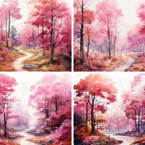 Autumn Forest Digital Paper, Pink Fall Wood, Pattern. Watercolor ...