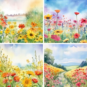 Meadow Digital Paper, Field, Wild Flowers. Watercolor Scrapbook Paper ...