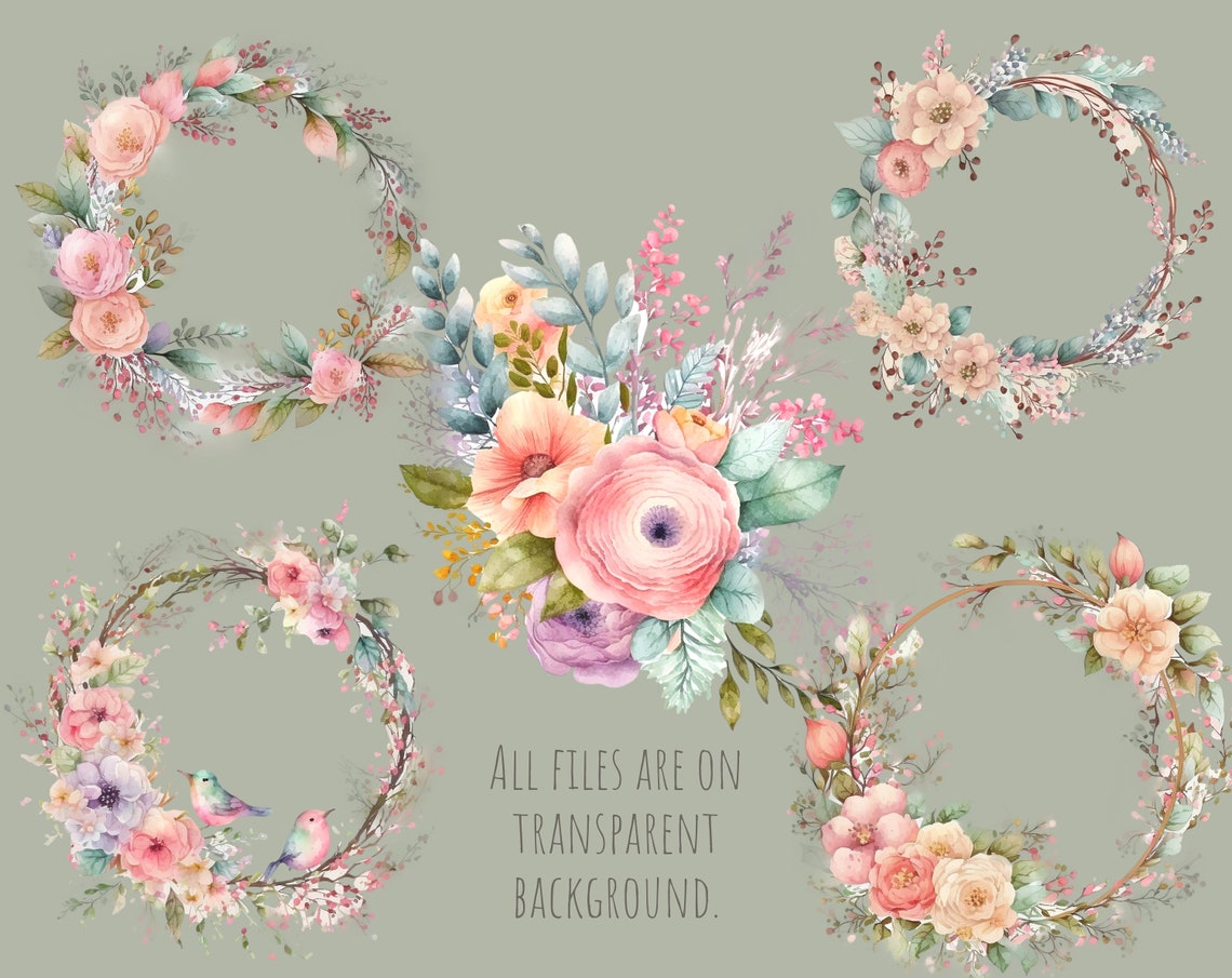 Pink Floral Watercolor Clipart, Boho Flower Frame (PNG Digital Download ...