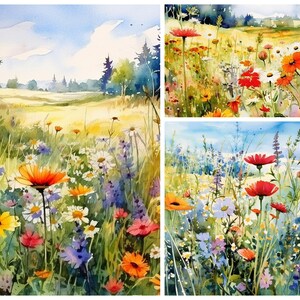 Meadow Digital Paper, Field, Wild Flowers. Watercolor Scrapbook Paper ...