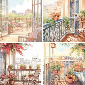 Balcony Watercolor Digital Paper, Travel Scrapbook (instant Download ...