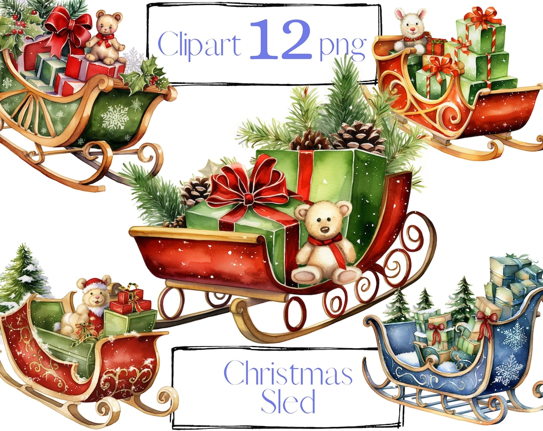 Sleigh Clipart, Christmas Clipart. Christmas PNG Bundle. Watercolor ...