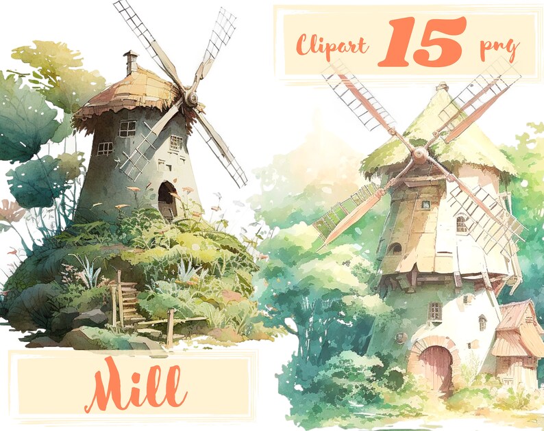 Mill Clipart Png. Windmill Clipart. Village House Clipart. - Etsy