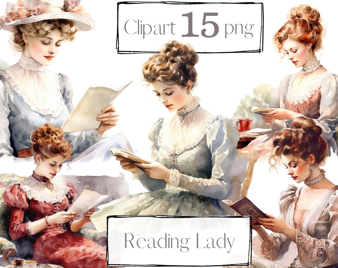 Vintage Lady Clipart, Reading Clipart, Victorian Clipart, Book Clipart ...