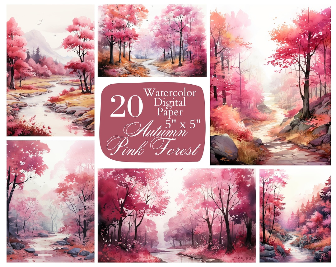Autumn Forest Digital Paper, Pink Fall Wood, Pattern. Watercolor ...