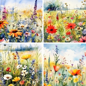 Meadow Digital Paper, Field, Wild Flowers. Watercolor Scrapbook Paper ...