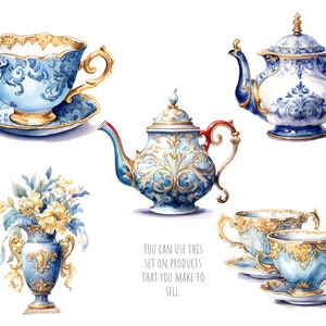 Blue Tea Time Clipart, Tea Set Clip Art, Vintage Teacup Clipart ...