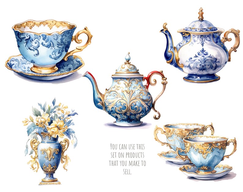 Blue Tea Time Clipart, Tea Set Clip Art, Vintage Teacup Clipart ...