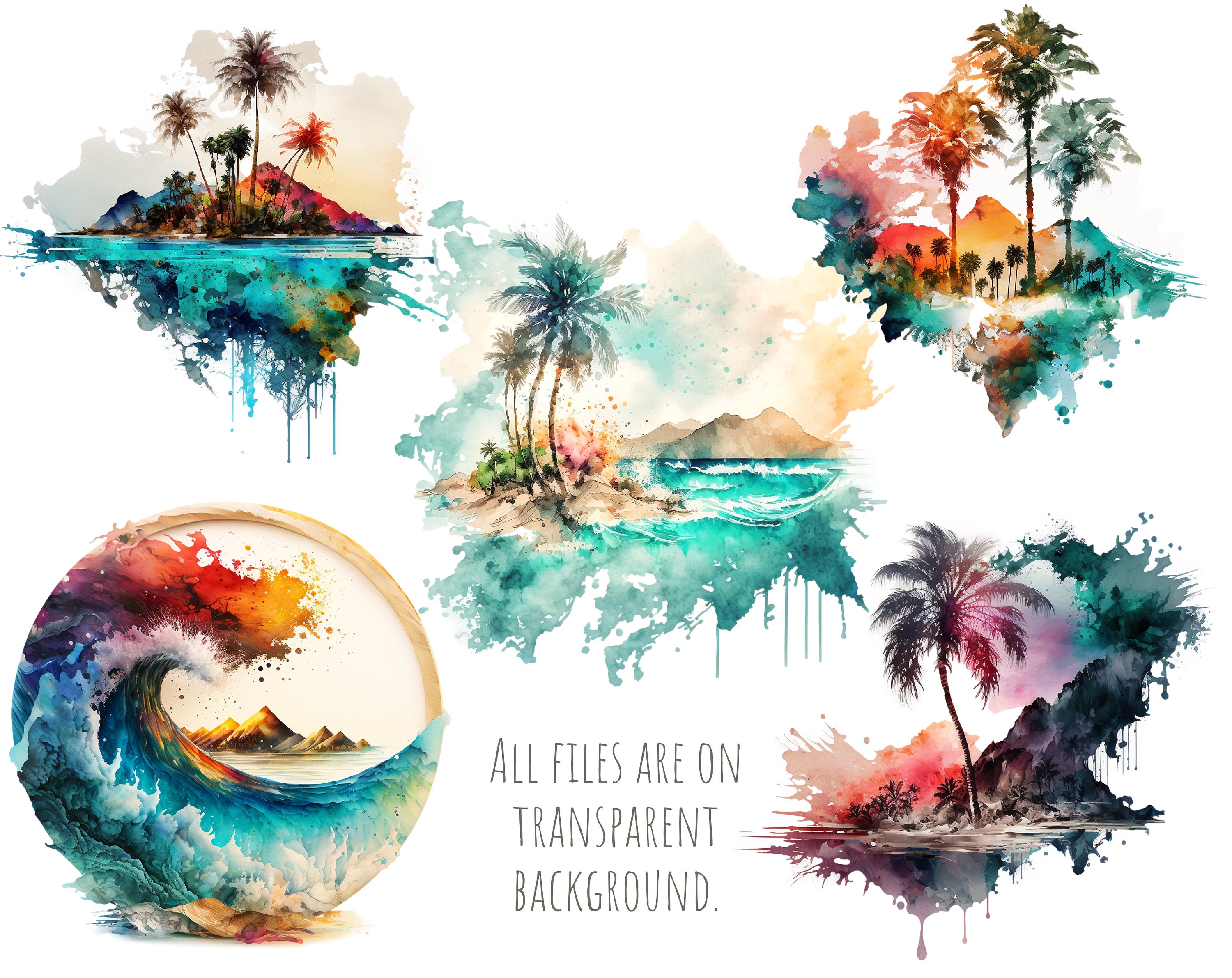 Island Watercolor Clipart, Tropical Beach PNG Set (20 Files) Digital ...