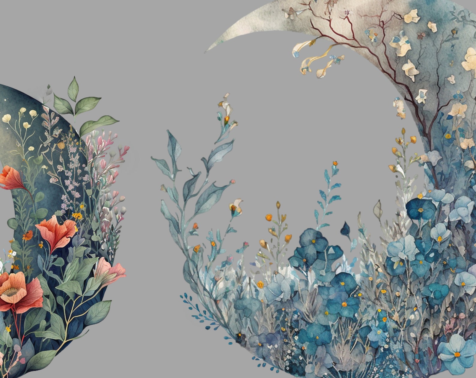 Floral Moon Clipart, Moon Clip Art, Flowers and Moon, Vintage Clip Art ...