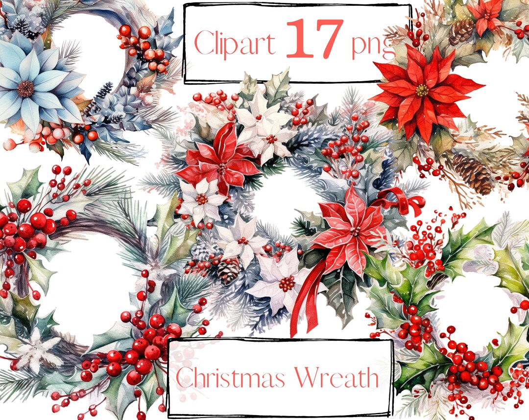 Watercolor Christmas Wreath Clipart, Holiday PNG Set (digital Download ...