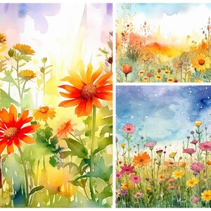 Meadow Digital Paper, Field, Wild Flowers. Watercolor Scrapbook Paper ...