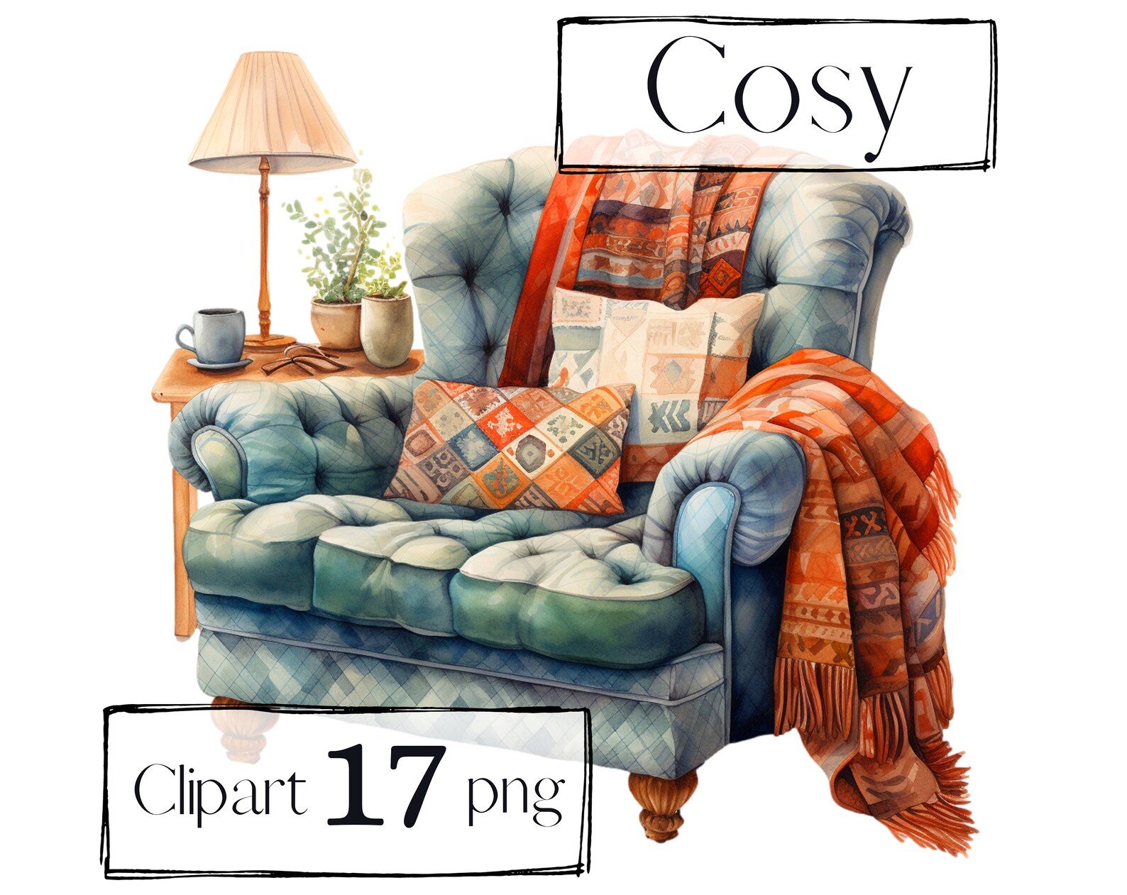 Home Clipart, Cozy Reading Corner Bundle, Interior. Watercolor Clipart ...