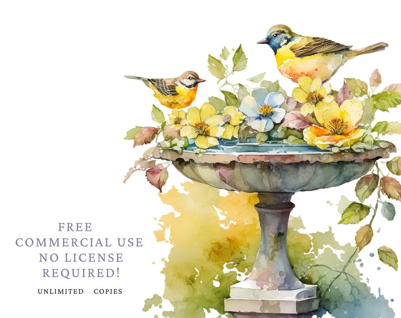 Spring Bird Clipart, Floral Clip Art, Birdbaths Clipart, Png. Digital ...