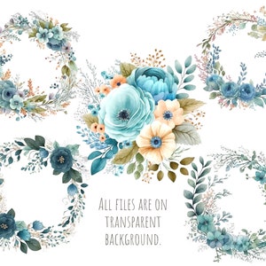 Blue Floral Clipart, Wreath Clip Art, Flower Frame, Boho Bouquets ...