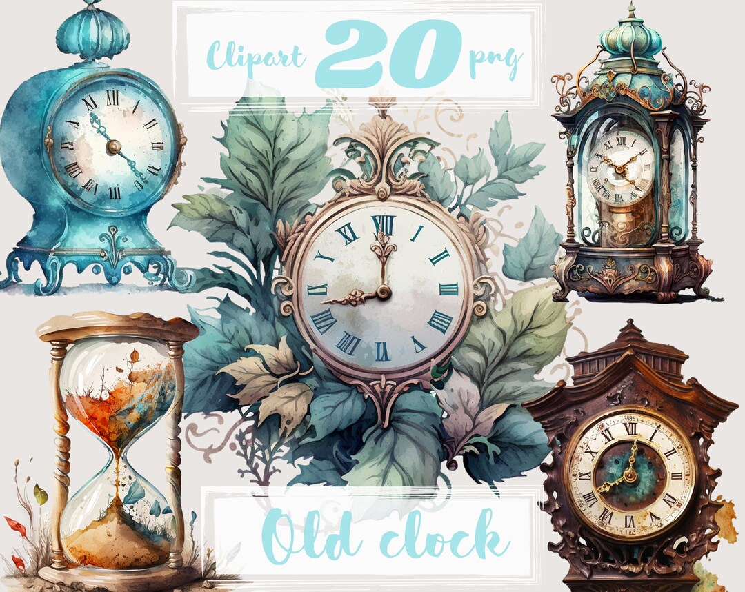 Vintage Clock Clipart: Boho Watercolor PNG Graphics (digital Download ...