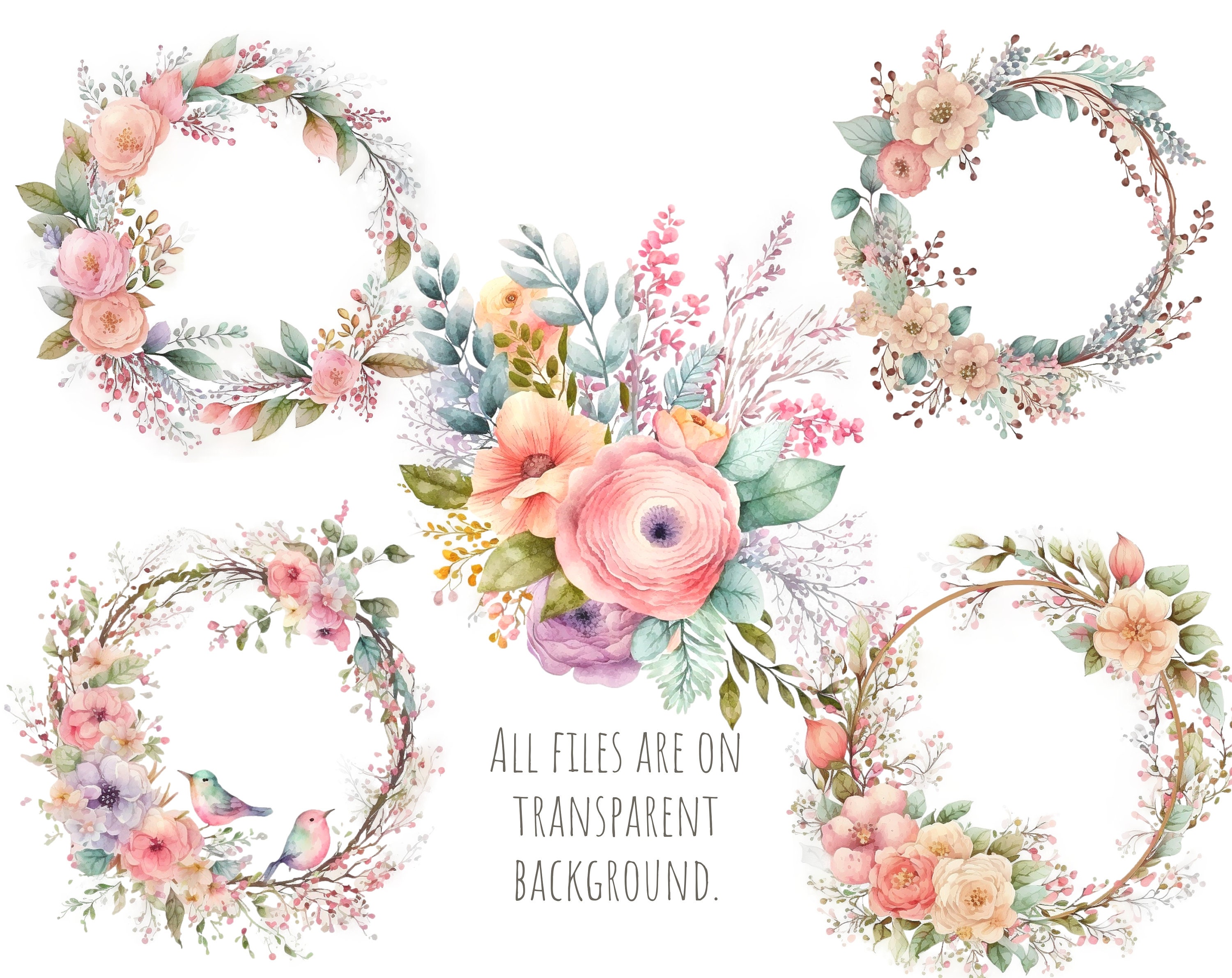 Pink Floral Watercolor Clipart, Boho Flower Frame (PNG Digital Download ...