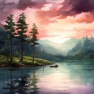 Lake Digital Paper, Landscape Digital Paper. Watercolor Scrapbook Paper ...