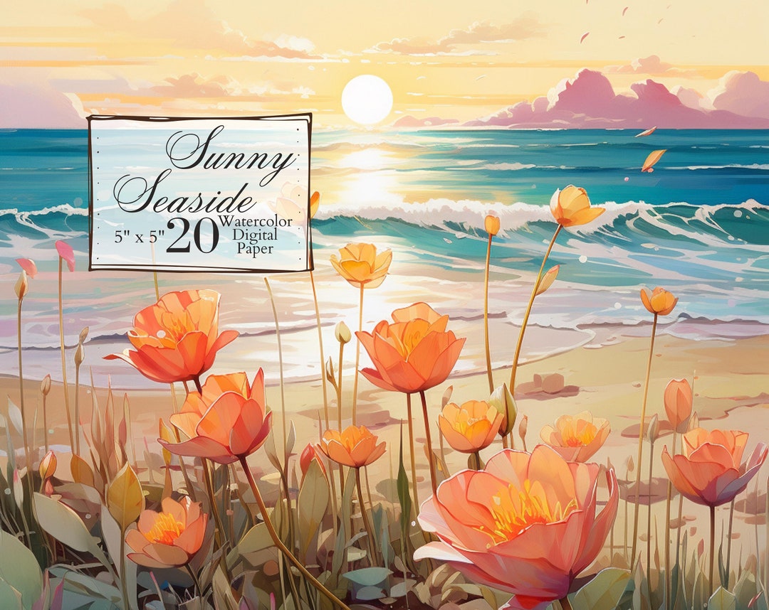 Beach Digital Paper, Sunrise Digital Paper. Watercolor Scrapbook Paper ...