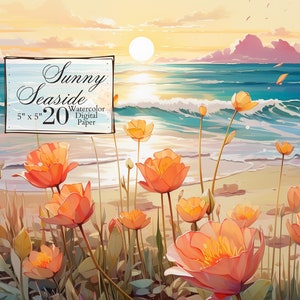 Beach Digital Paper, Sunrise Digital Paper. Watercolor Scrapbook Paper ...