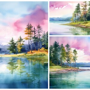 Watercolor Lake Digital Paper, Landscape Scrapbook Paper (digital ...