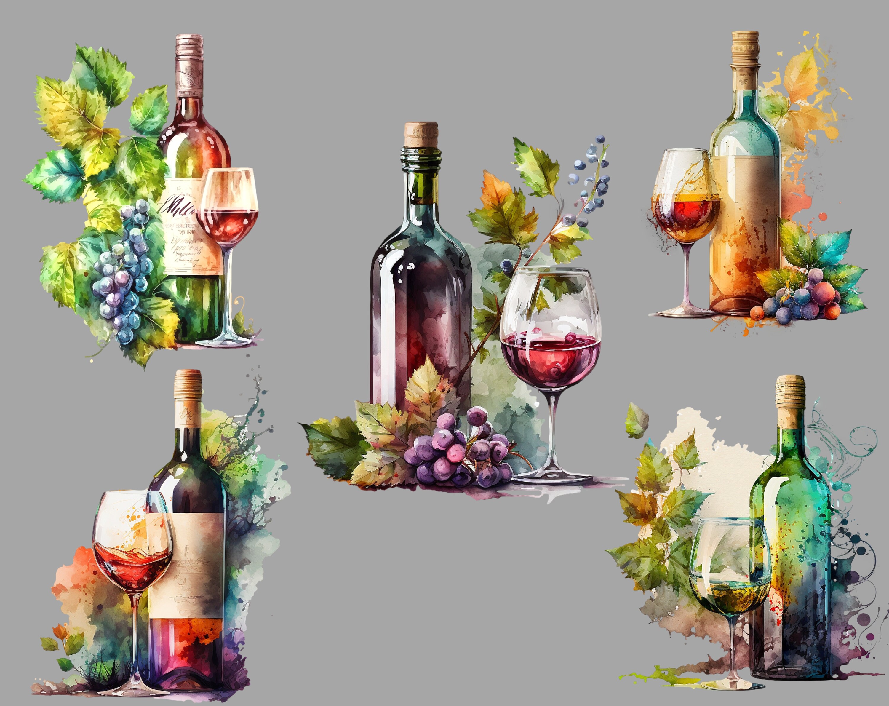 Watercolor Wine Clipart Png Bundle Png. Digital Watercolor. - Etsy