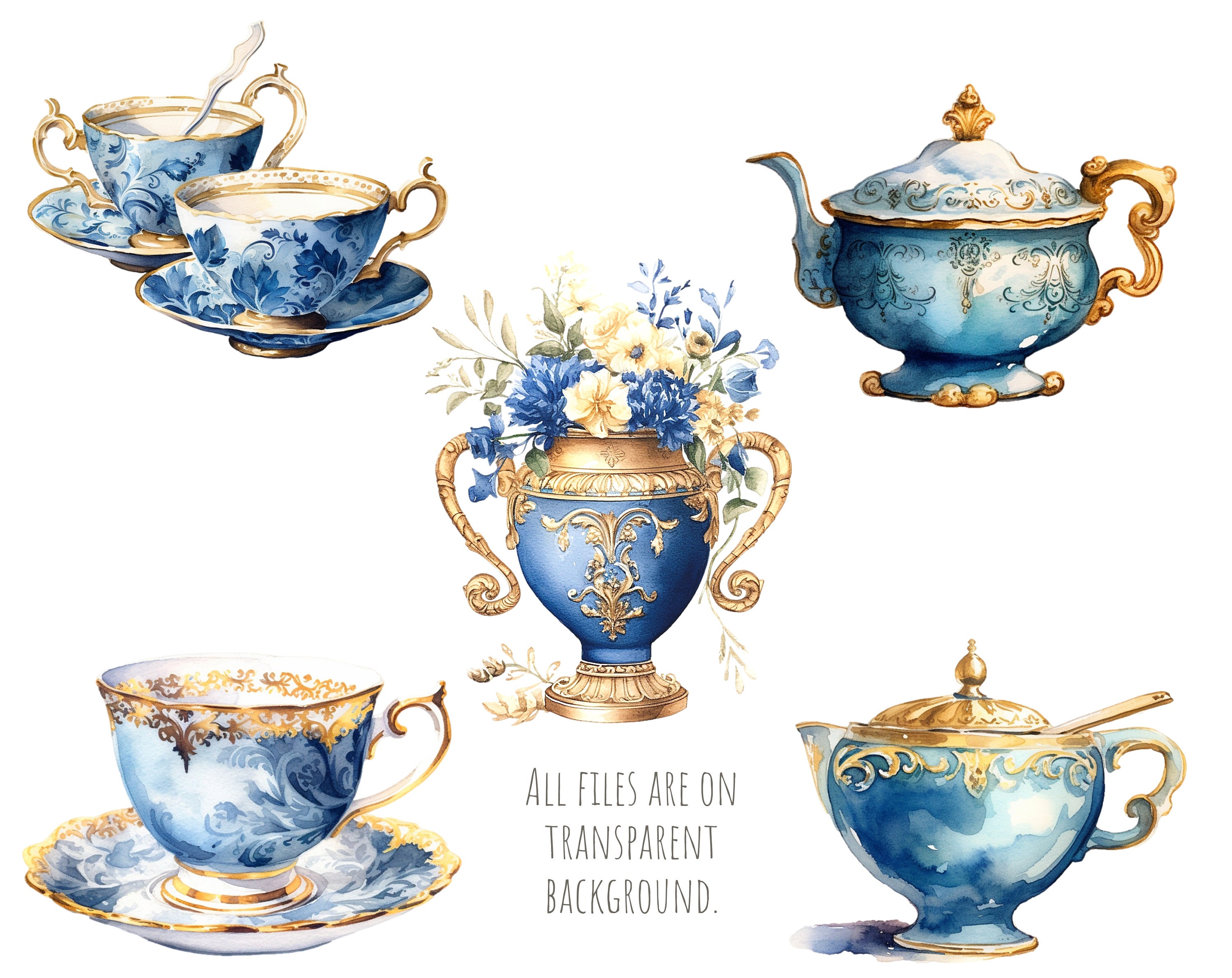 Blue Tea Time Clipart, Tea Set Clip Art, Vintage Teacup Clipart ...