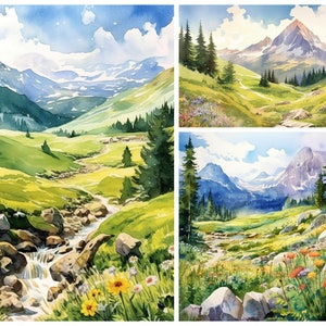 Alpine Meadow Digital Paper, Field, Flowers. Watercolor Scrapbook Paper ...