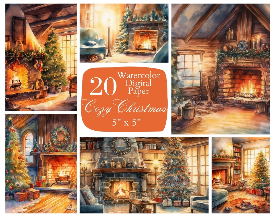 Christmas Digital Paper, Cozy Winter Night Pattern. Watercolor Digital ...