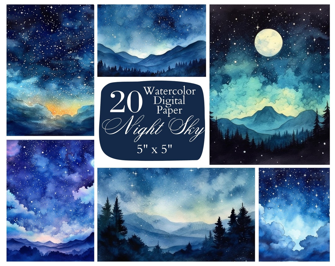 Night Sky Digital Paper, Star Digital Paper. Watercolor Scrapbook Paper ...