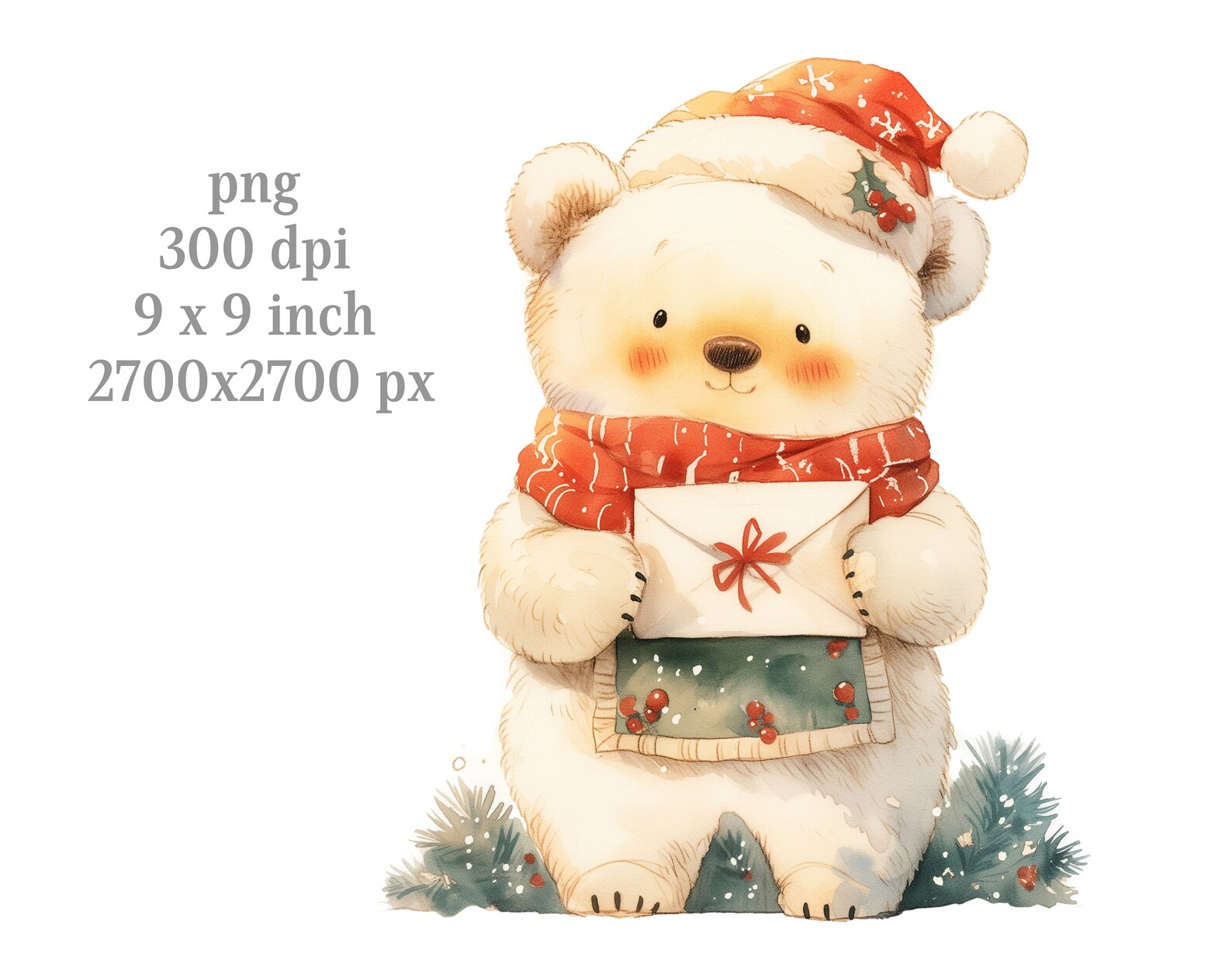 Christmas Animal Watercolor Clipart, Bear, Cat, Mouse (PNG Digital ...
