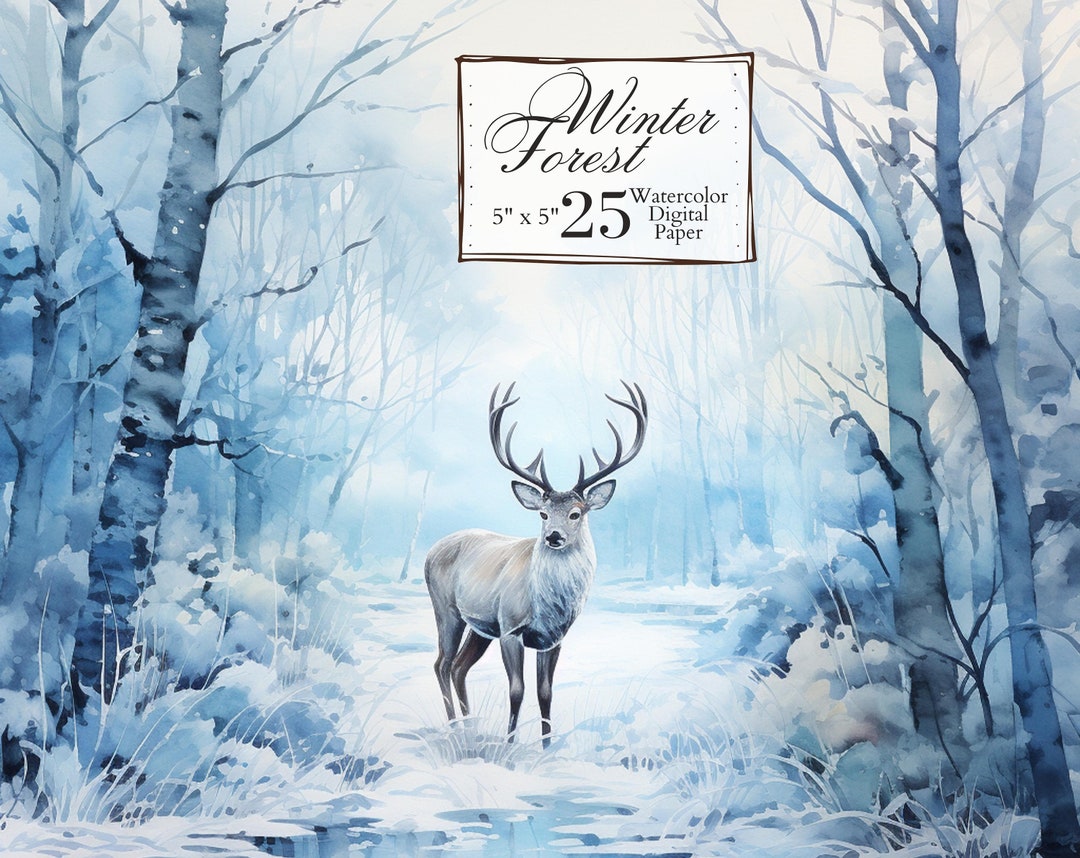 Winter Forest Digital Paper, Snow Winter Wood, Deer Clipart. Watercolor ...