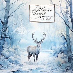 Winter Forest Digital Paper, Snow Winter Wood, Deer Clipart. Watercolor ...