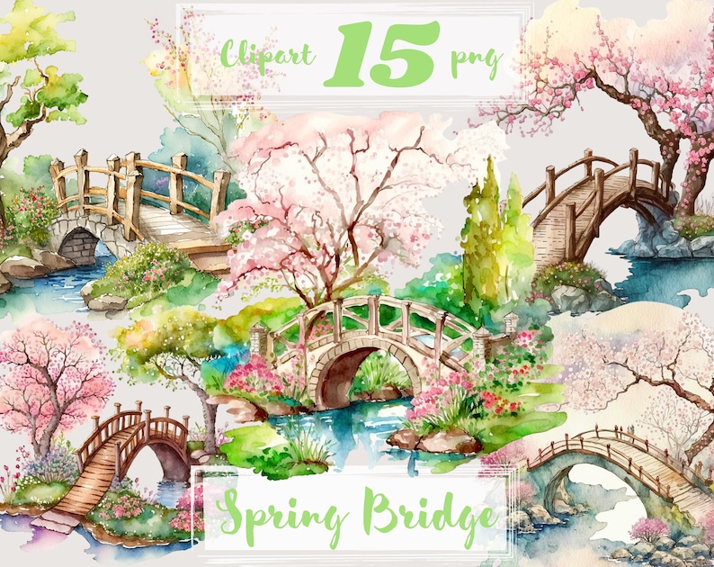 Spring Bridge Clipart, Garden Clip Art, Png. Digital Watercolor. Free ...