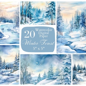 Winter Forest Digital Paper, Snow Winter Wood, Pattern. Watercolor ...