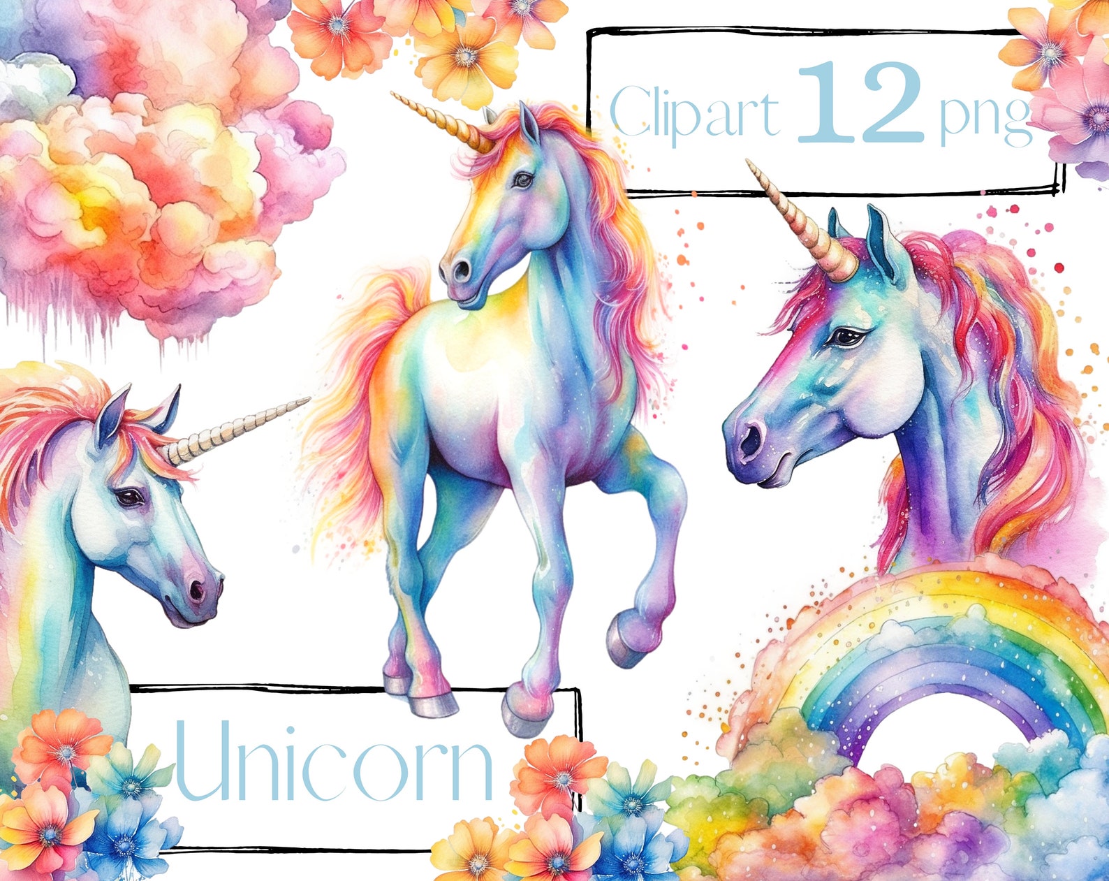 Rainbow Unicorn Watercolor Clipart, Nursery Art (PNG Digital Download ...