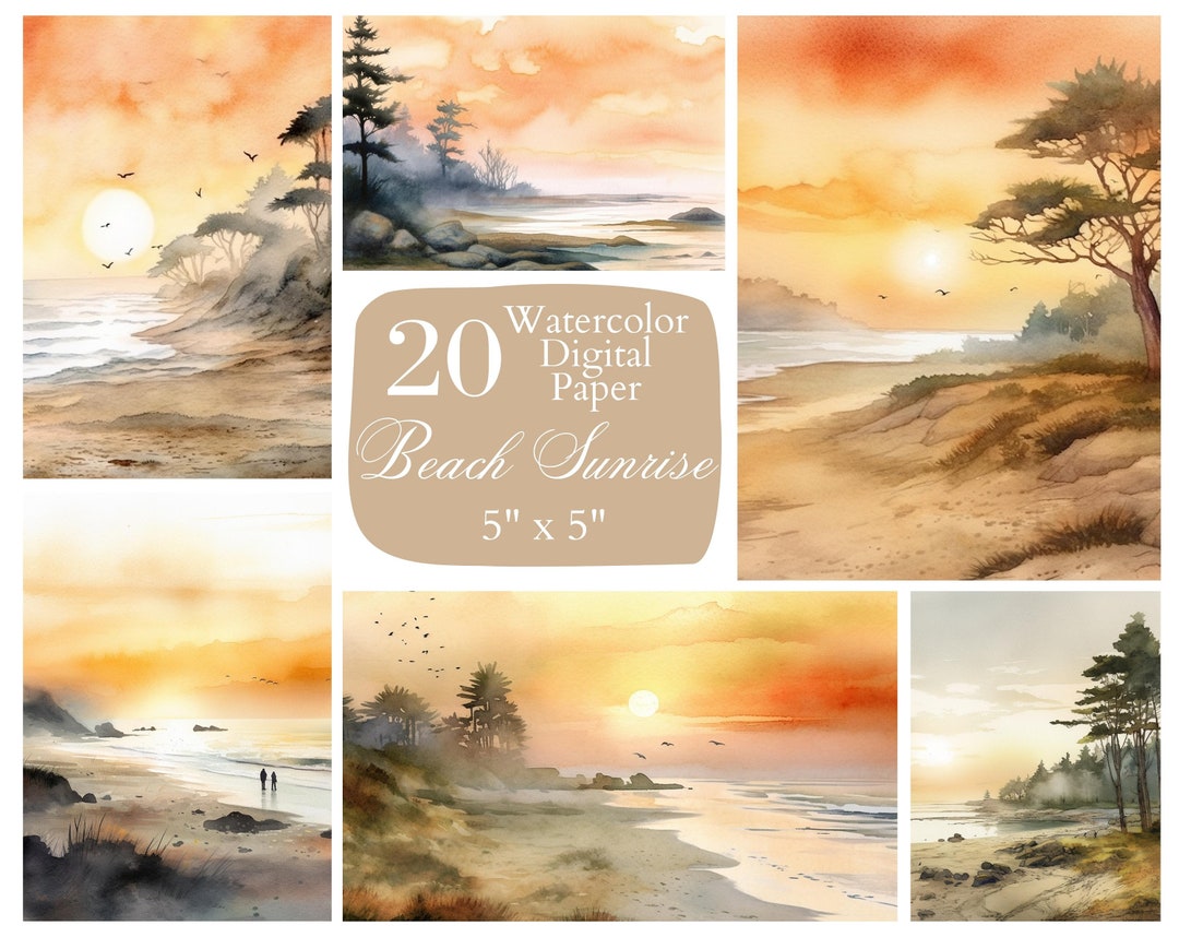Beach Digital Paper, Sunrise Digital Paper. Watercolor Scrapbook Paper ...