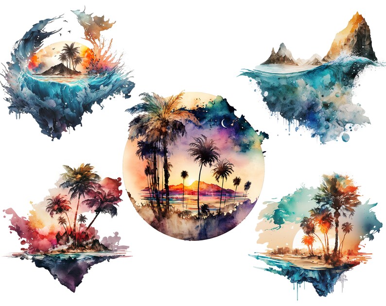 Island Watercolor Clipart, Tropical Beach PNG Set (20 Files) Digital ...