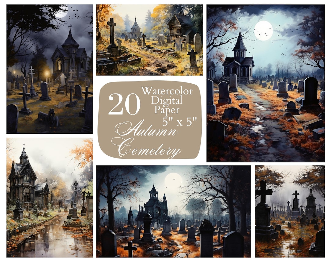 Halloween Digital Paper, Autumn Cemetery, Graveyard. Watercolor Digital ...