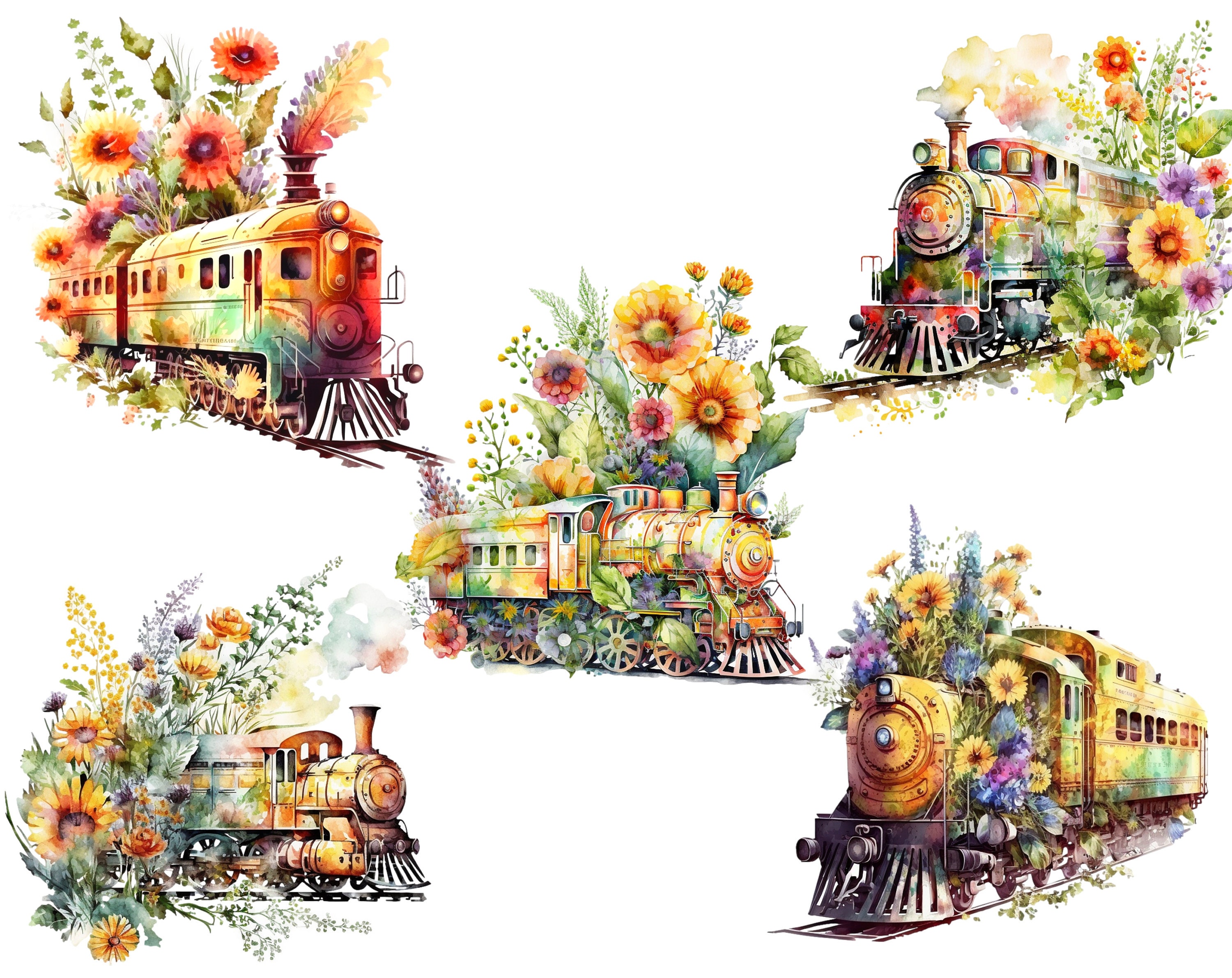 Watercolor Retro Train Clipart. Vintage Clipart Retro Clip - Etsy