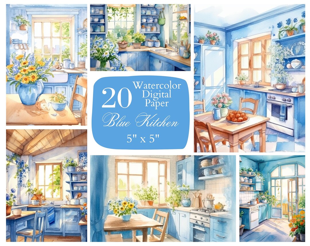 Kitchen Digital Paper, Blue Interior. Watercolor Scrapbook Paper for ...