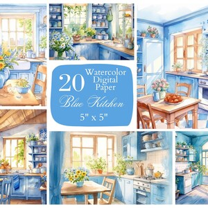 Kitchen Digital Paper, Blue Interior. Watercolor Scrapbook Paper for ...