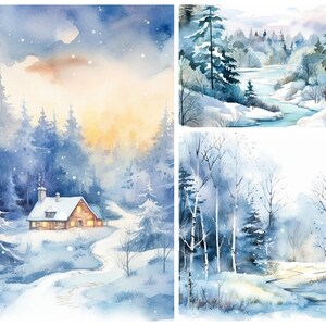 Winter Forest Digital Paper, Snow Winter Wood, Pattern. Watercolor ...