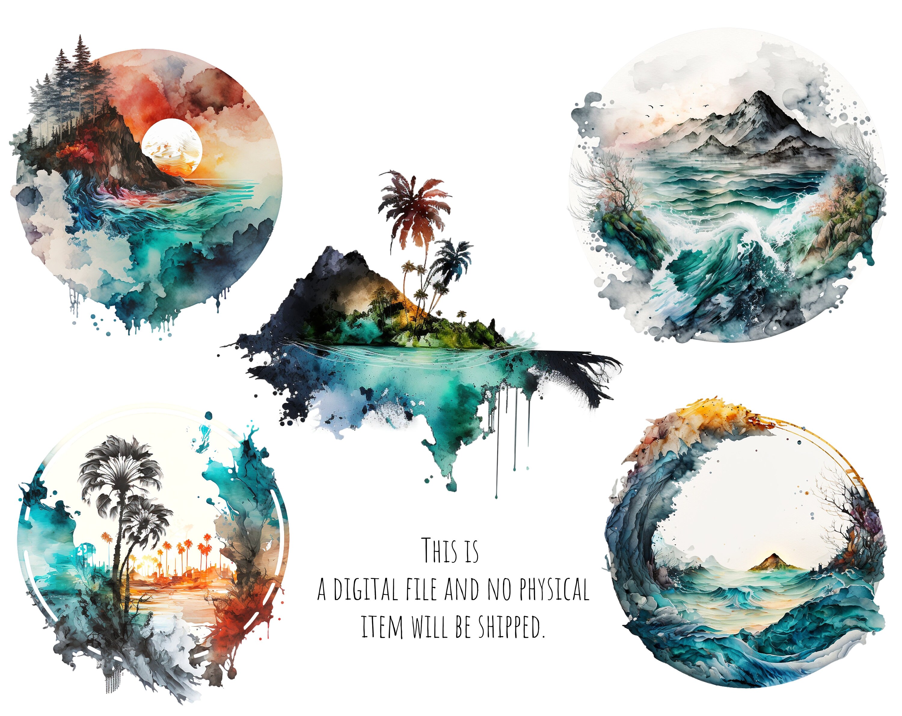 Island Watercolor Clipart, Tropical Beach PNG Set (20 Files) Digital ...