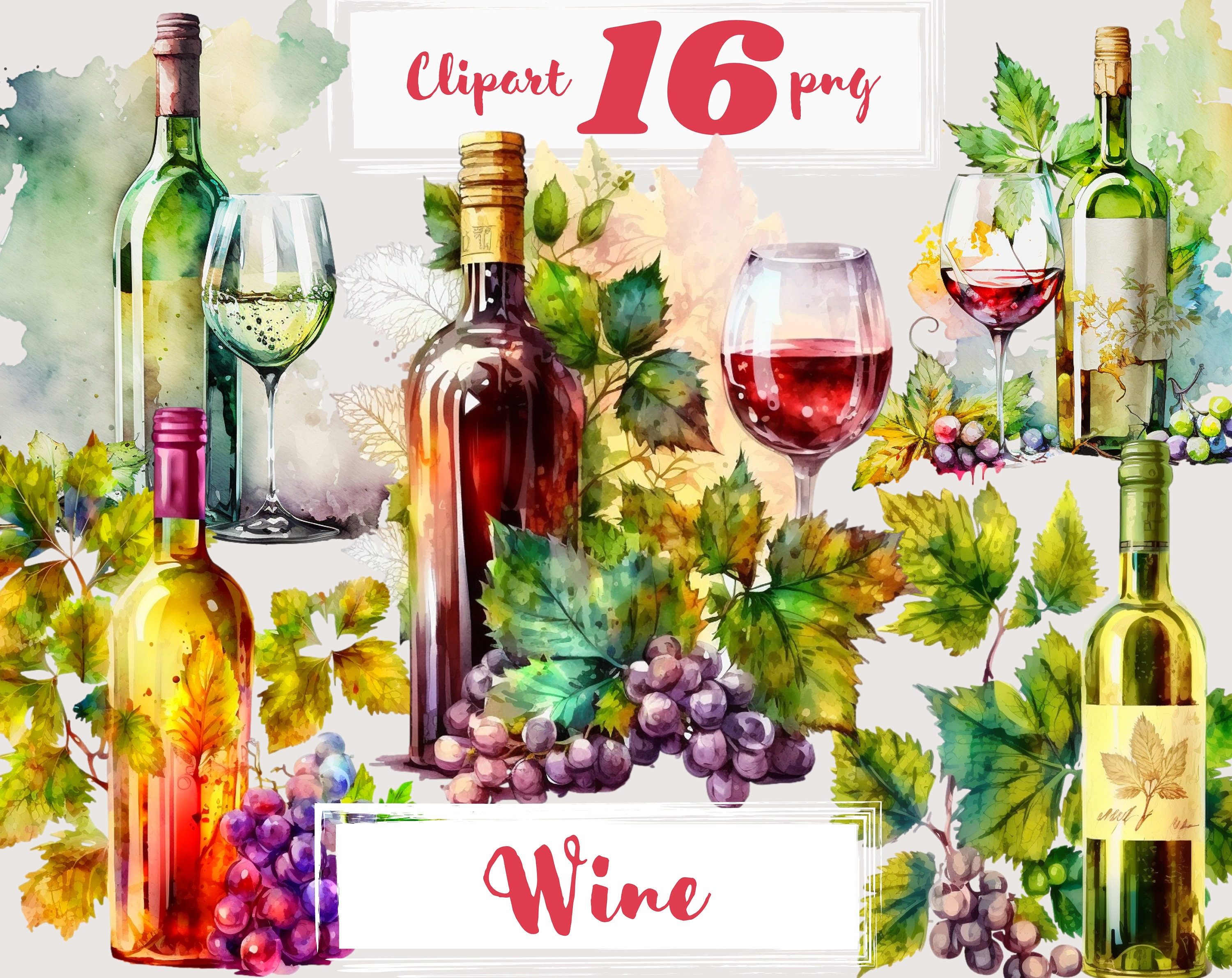 Watercolor Wine Clipart Png Bundle Png. Digital Watercolor. - Etsy