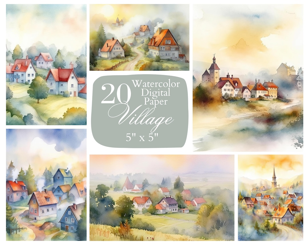 Village Digital Paper, Cottage, Summer. Watercolor Scrapbook Paper for ...