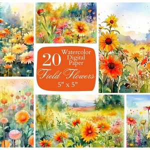 Meadow Digital Paper, Field, Wild Flowers. Watercolor Scrapbook Paper ...